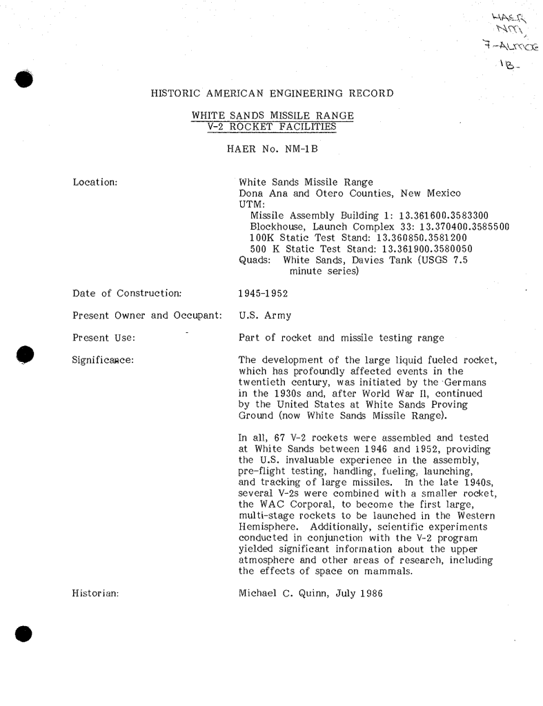 Historic American Engineering Records – White Sands Missile Range Museum